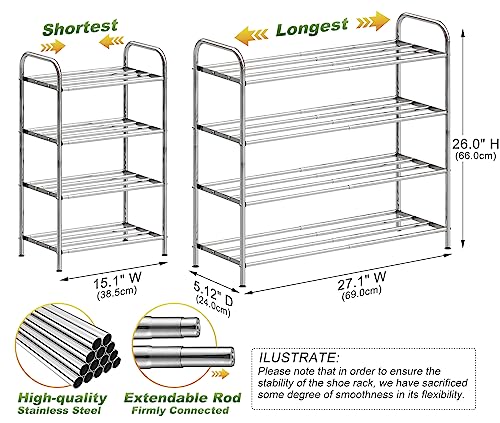 SKIKEN 4-Tier Expandable Shoe Rack, 100% Stainless Steel,4-Rod Extendable and Adjustable Feet, Simple Stretchable Shoe Shelf, Small Space Shoe Rack for Entryway, Stair Sides, Closet