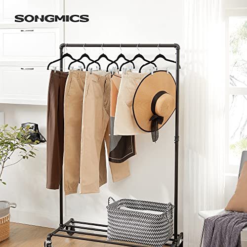 SONGMICS Rolling Clothes Rack and 30-Pack Velvet Hangers Bundle, Garment Rack with Wheels and a Mesh Shelf, Non-Slip Coat Pants Hangers with Adjustable Clips, Black UHSR25BK and UCRF12B30