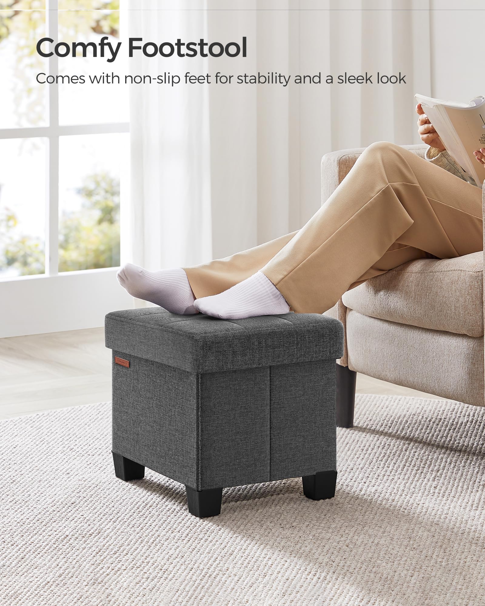 SONGMICS Storage Ottoman, Folding Storage Bench, Ottoman with Storage, Storage Ottoman Bench, for Living Room, Bedroom, 12.6 x 15.8 x 13.2 Inches, Dark Gray ULSF012G01