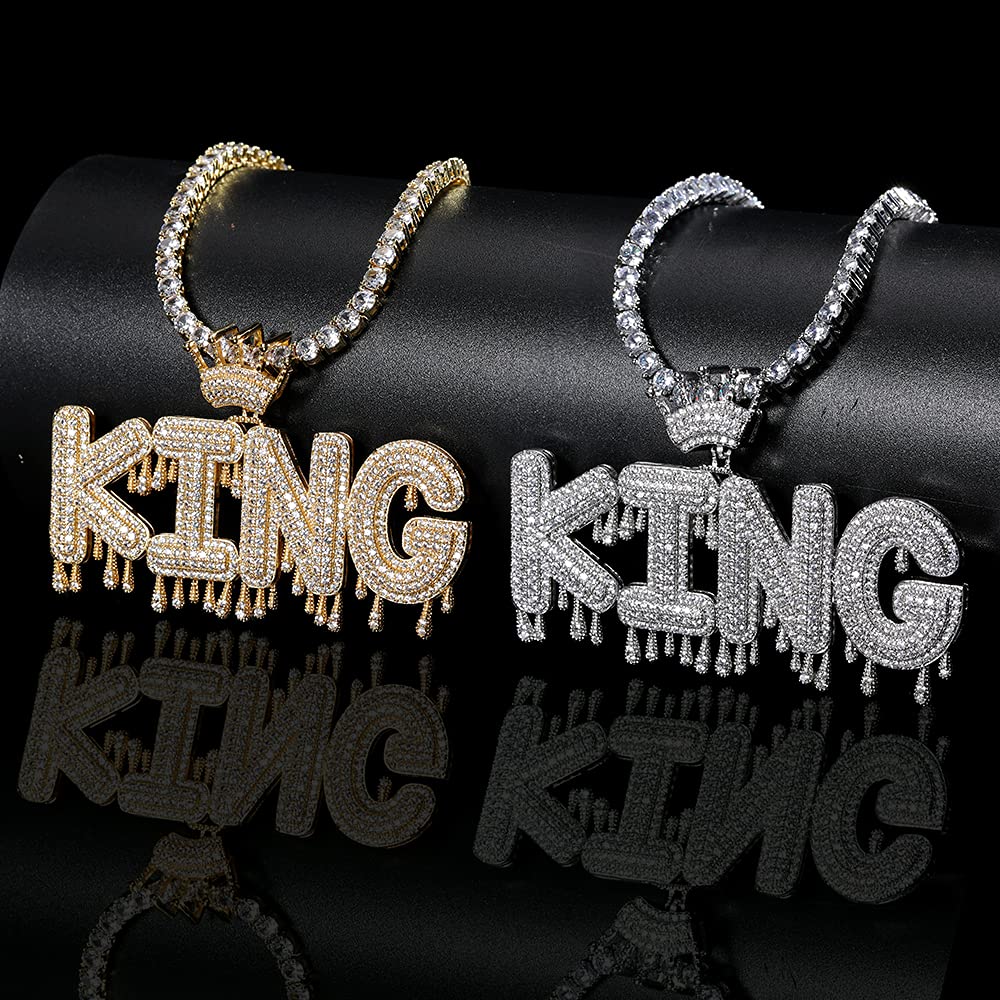Waterdorp 18K Gold Plated Letter Chain DIY Full CZ Bubble Letter Necklace for Men Women Personalized Customized Name 2-7 Pcs Bling Initial Pendant with Crown, with Rope Chain or Tennis Chain Memorable Novelty Gifts