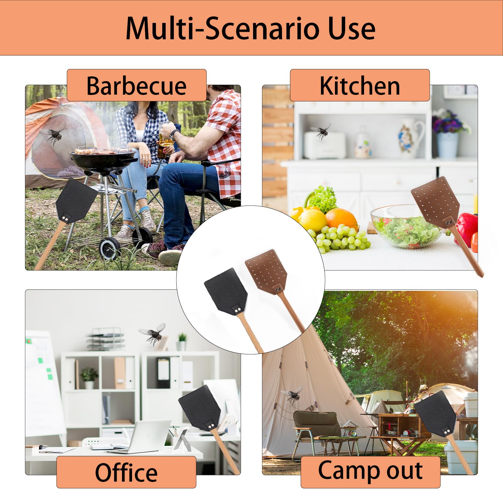DEBETOOL 2 Pack Sturdy Leather Fly Swatter for Indoors - (19.7β)Long Handle Heavy Duty Wood Fly Swatter With Hanging Rope, Durable Fly Swatter for Outdoor Rustic Bug Swatter Flies,Mosquitoes And Bees