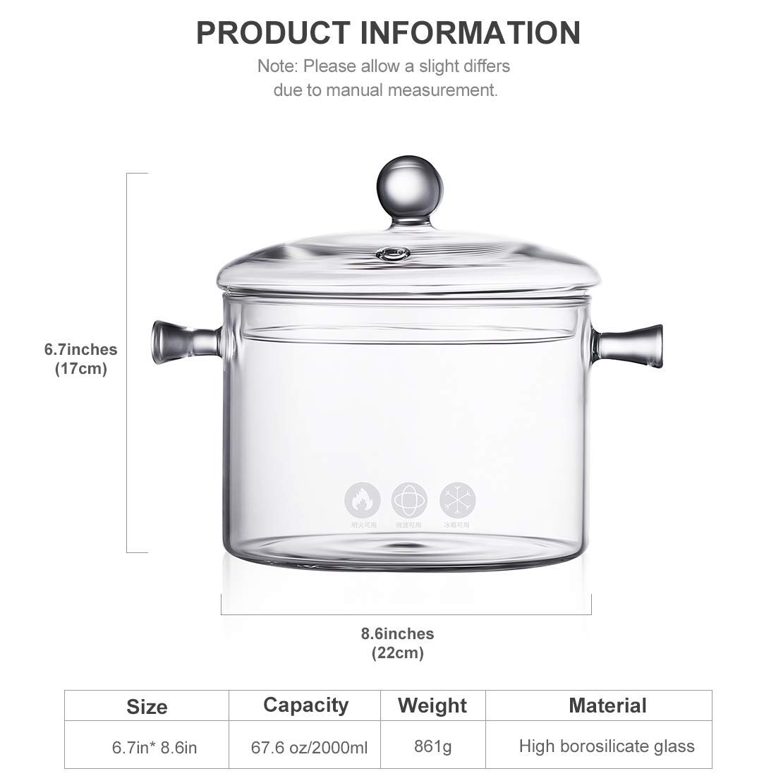 Glass Saucepan 2.0 Liter - Heat Resistant Glass Cooking Pot with Lid Sauce Pan for Soup, Pasta & Baby Food (2000ml/68oz)