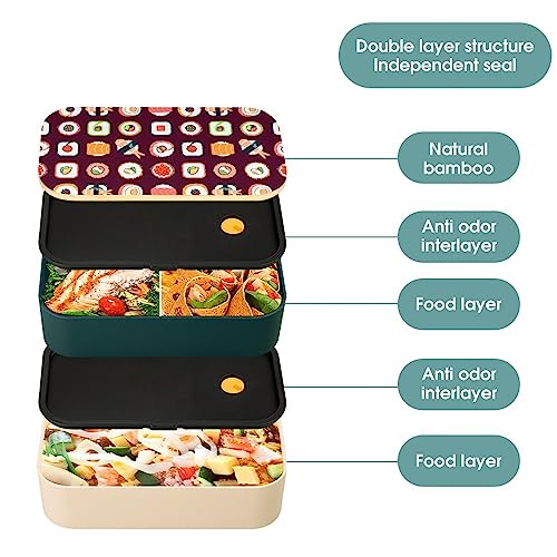 Japanese Food Sushi Pattern Adult Lunch Box with 2 Compartments & Cutlery Leak Proof Meal Prep Containers for Work Travel
