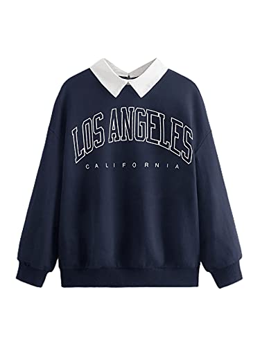 Floerns Girls Graphic Print Long Sleeve Collar Neck Casual Sweatshirt Tops Navy Blue 11-12Y