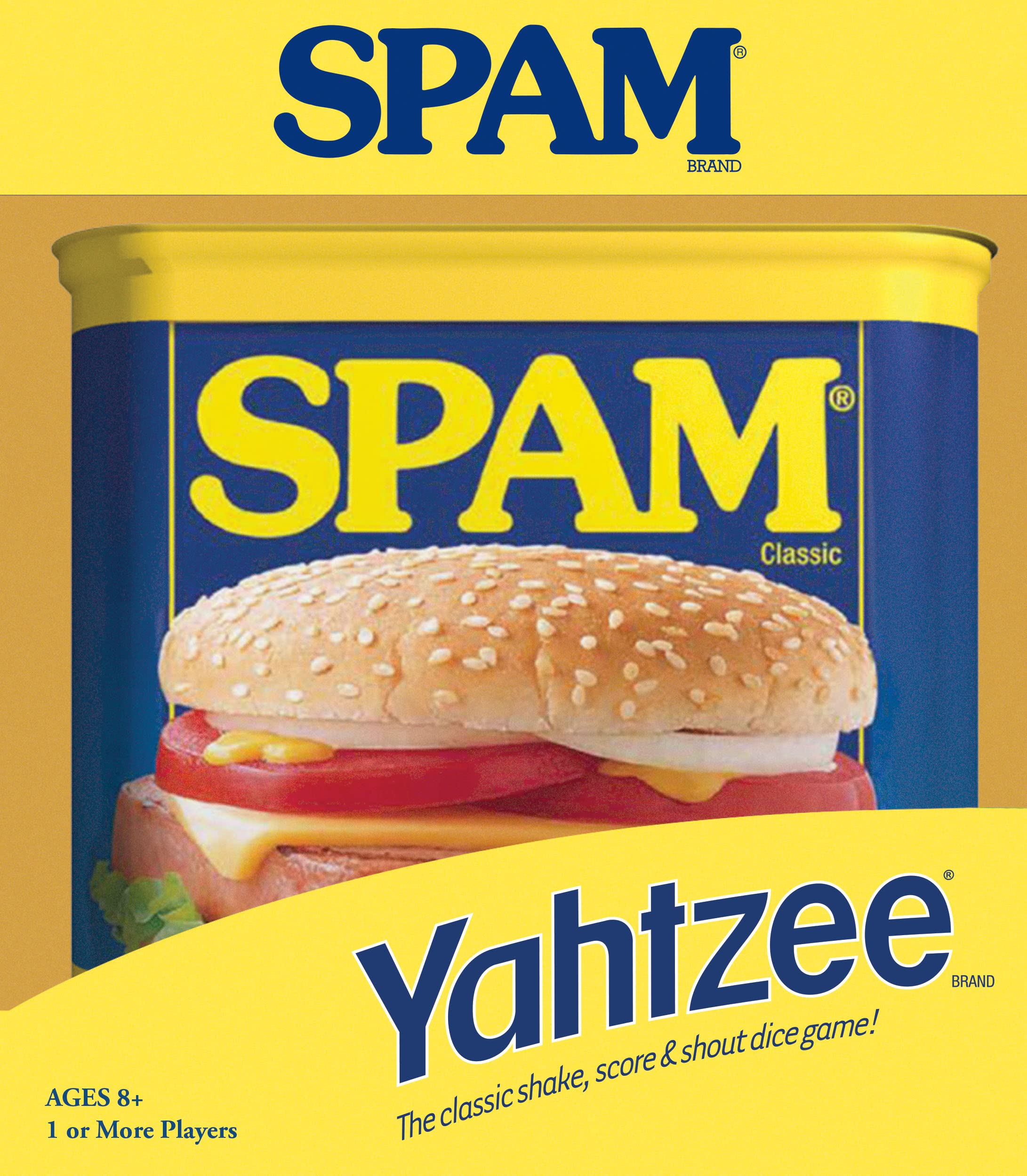 YAHTZEE Spam Brand | Collectible Yahtzee Game as Iconic Spam Can with Custom Dice | Dice Featuring Fried Spam, Spam Musubi, Spam Fries | Travel Yahtzee Game & Dice Game