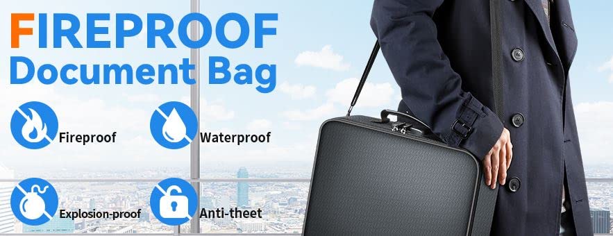 Fireproof Document Bag, Waterproof 3-Layer File Organizer with Lock, Travel Safe Money Bag with Shoulder Strap Portable Filing Storage Box for Important Valuables Certificates,Documents,Black
