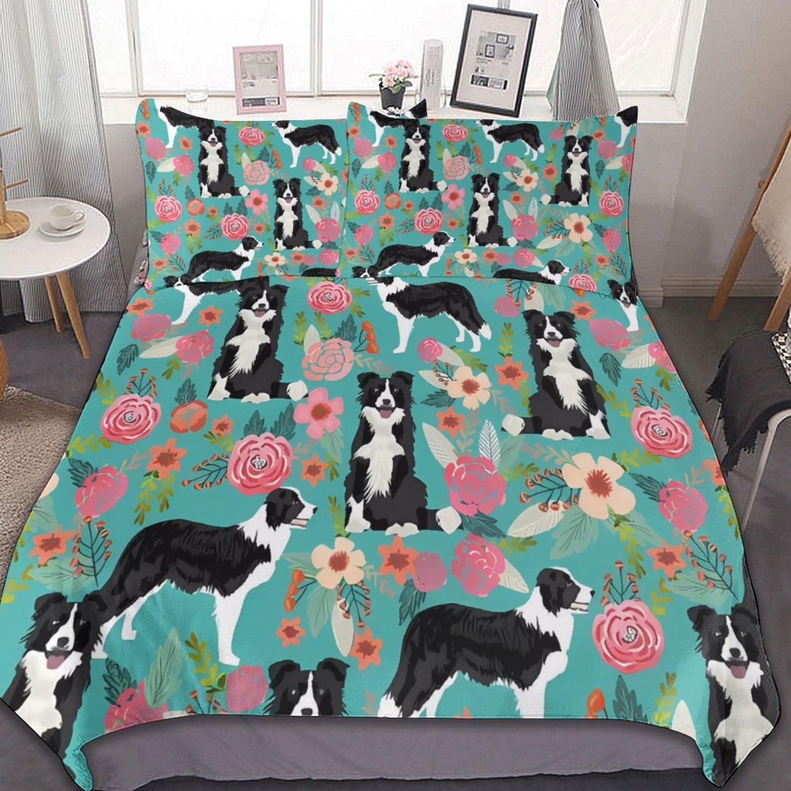 HotcoS Border Collie Florals Comforter Set Queen 3 Pieces Bedding Set Lightweight Soft Bedding Comforter Sets for All Season with 1 Duvet Cover 79"x90" 2 Pillow Shams 30'' X 20''
