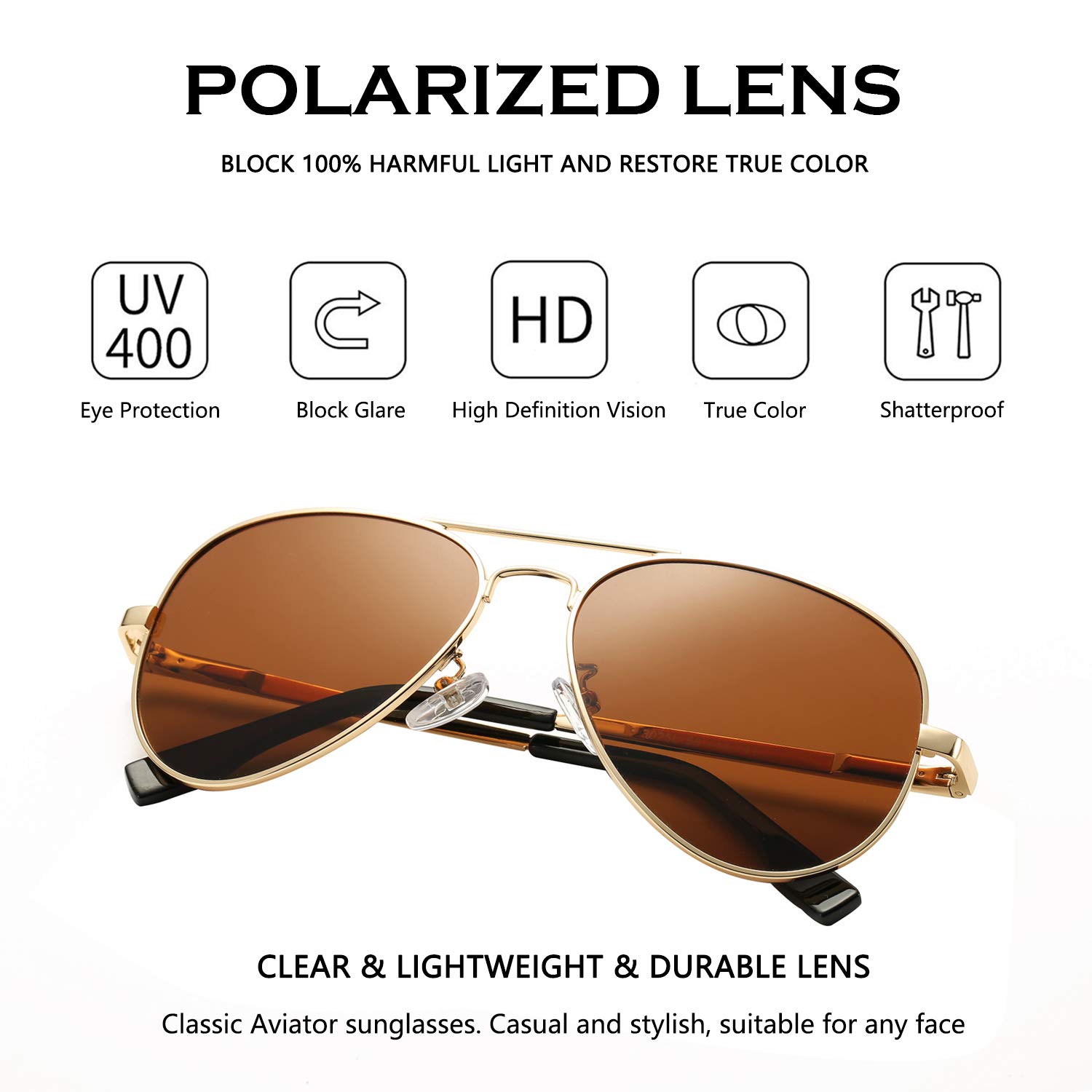 DeBuff Classic Aviator Sunglasses for Men Women Polarized Lens - UV400, 58mm (Gold Frame/Brown Lens)