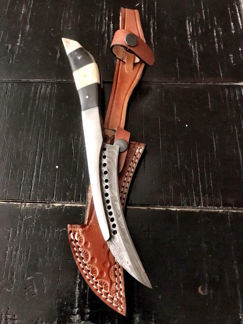 Damascus Knife 12" Tactical Knife 100% Hand Forged Full Tang Hunting Knife with Bull Horn & Camel Bone Handle Perfect for Camping, Hunting, Indoor, Outdoor Activities