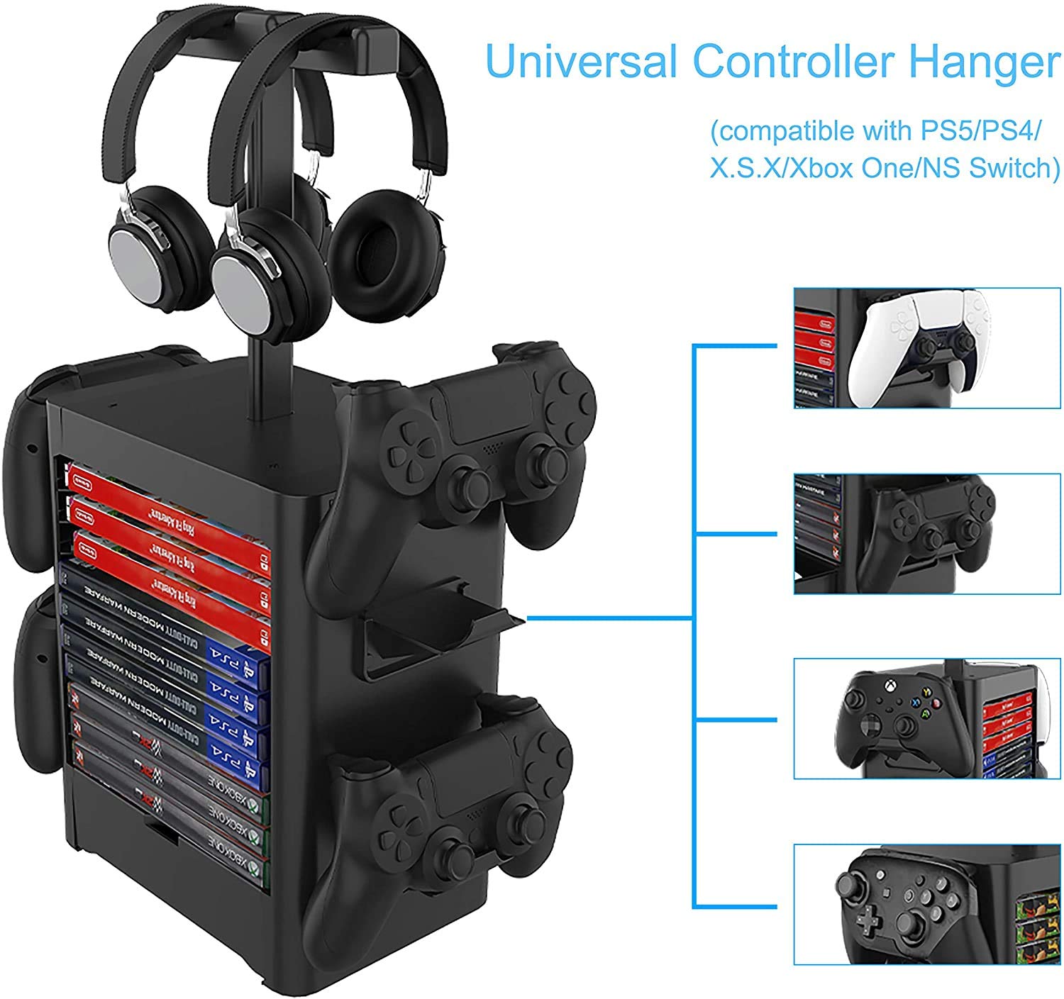Wedorat Xbox Series X/PS5/Switch Multifunctional Game Disk Storage Tower Holder for PS5 Console, Game Disk Rack and Controller/Headset Stand Holder Compatible with Xbox Series X/Switch/PS5 Black