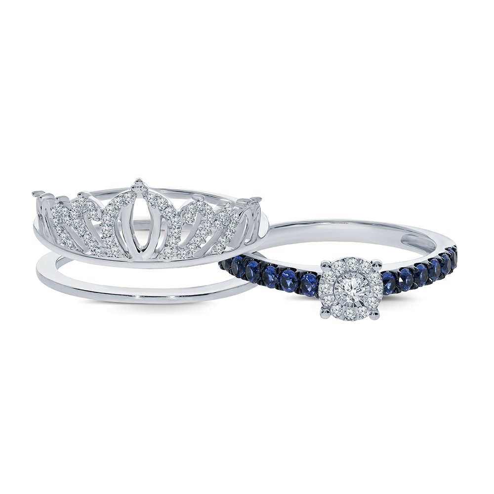 Elmas 1/4 ct Round Natural White Diamond Synthetic Blue Sapphire 925 Sterling Silver Insert Crown Ring Engagement Wedding Ring US9