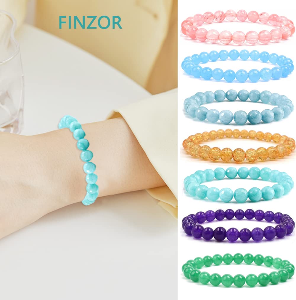 FINZOR 14Pcs 8MM Stone Beaded Bracelets for Women Men Semi-Precious Gemstones Bracelets Crystal Beaded Bracelet Unisex Adjustable Stretch Bracelets