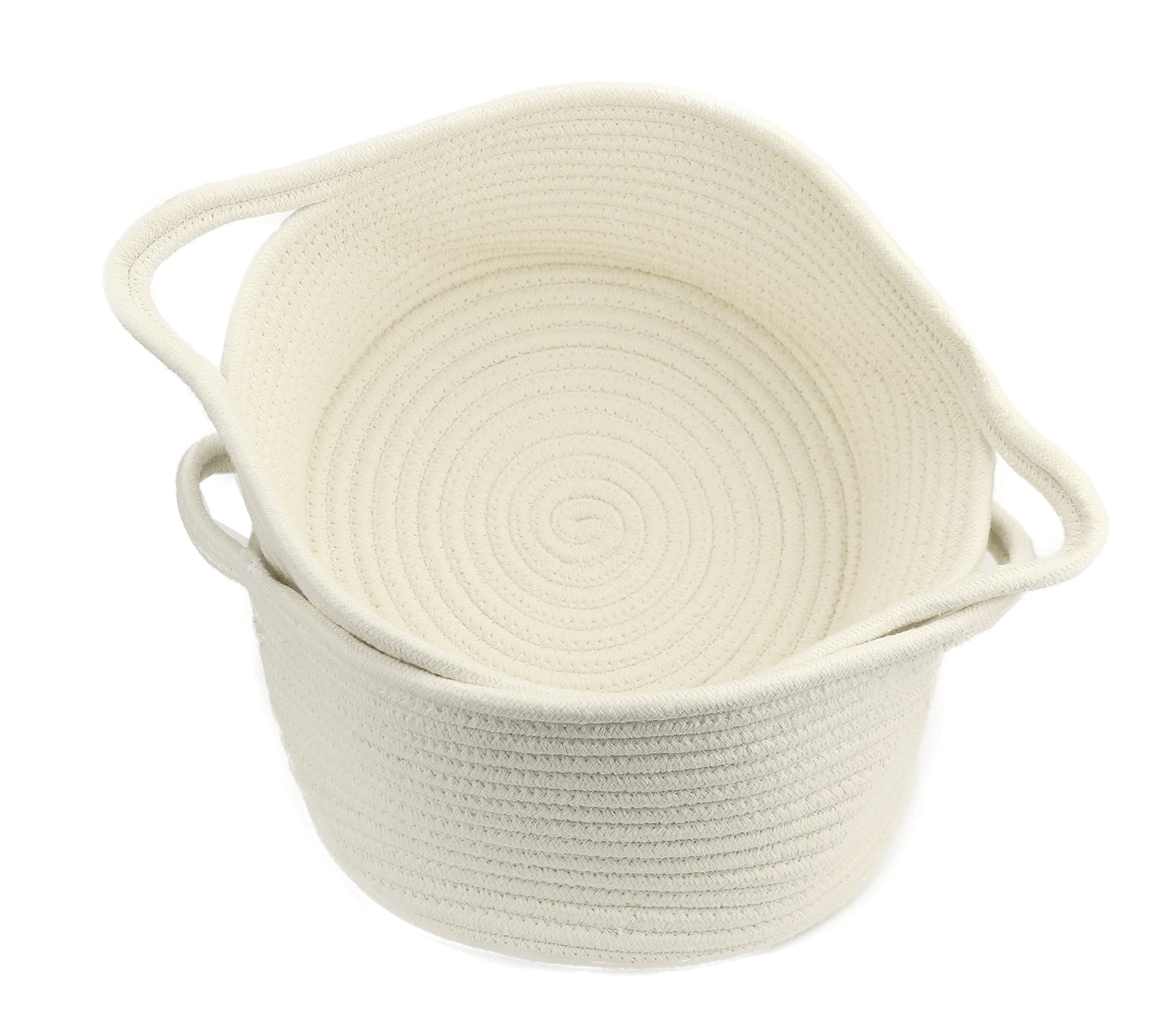 Orino Natural Two Small Cotton Rope Storage Basket with Handles Soft Durable Laundry Toy Pet Storage Nursery Home Decorations Bin (11.81x10.23x6.23 inch, Medium, Off White)