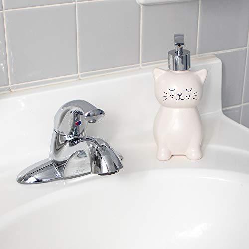 Isaac Jacobs White Ceramic Cat, Liquid Soap Pump/Lotion Dispenser with Chrome Metal Pump (Holds Up to 12 Oz) β Great for Bathroom, Kitchen Countertop, Bath Accessory (Cat)