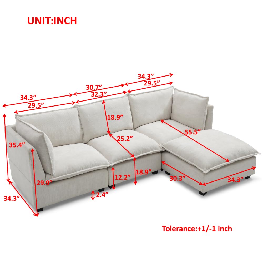 kevinplus 99.3'' Sectional Sofa Couch Cloud Sofa Couch Dupes with Feather Filled for Living Room, Modern Modular 3-Seat L-Shape Sofa Couch with Convertible Ottoman, Linen Fabric, Beige