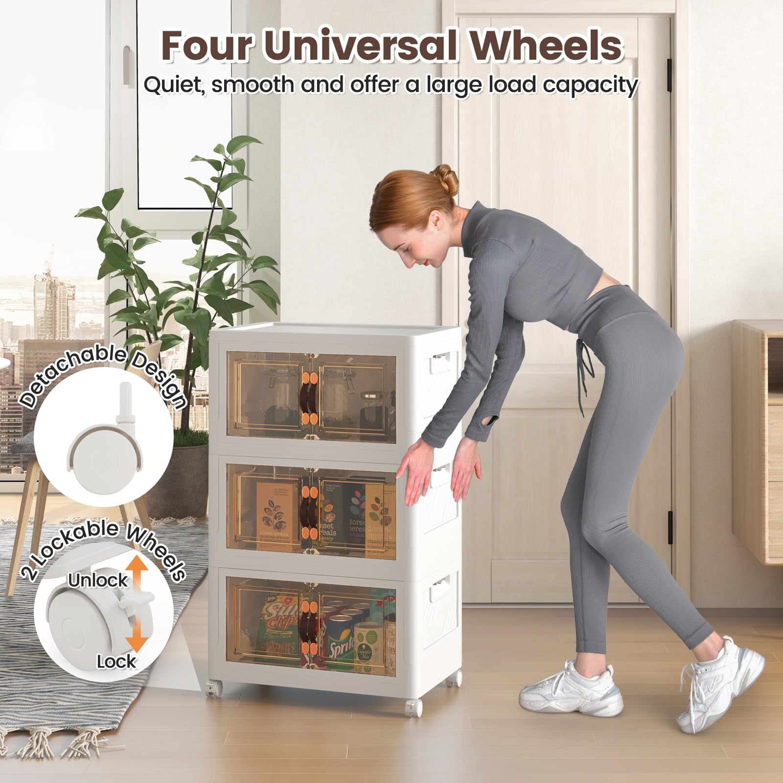 LOKO 50 Gal Stackable Storage Bins with Lids, 3-Pack Folding PP Home Organizer with Lockable Wheels, Collapsible Floor-standing Storage Box with Doors, for Living Room, Bedroom, Closet
