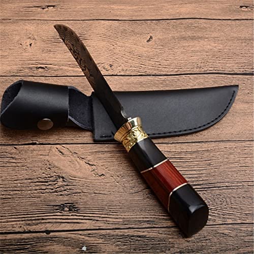Damascus Steel Straight Knife Fixed Blade Knife with Wood Handle+Sheath for Outdoor Survival, Hunting,Camping,Fishing