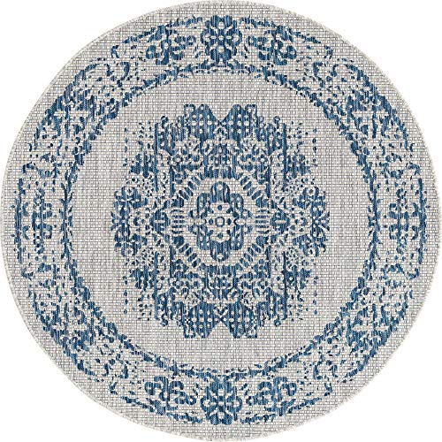 Unique Loom Outdoor Traditional Collection Area Rug - Timeworn (5' 3" Round, Blue/ Gray)