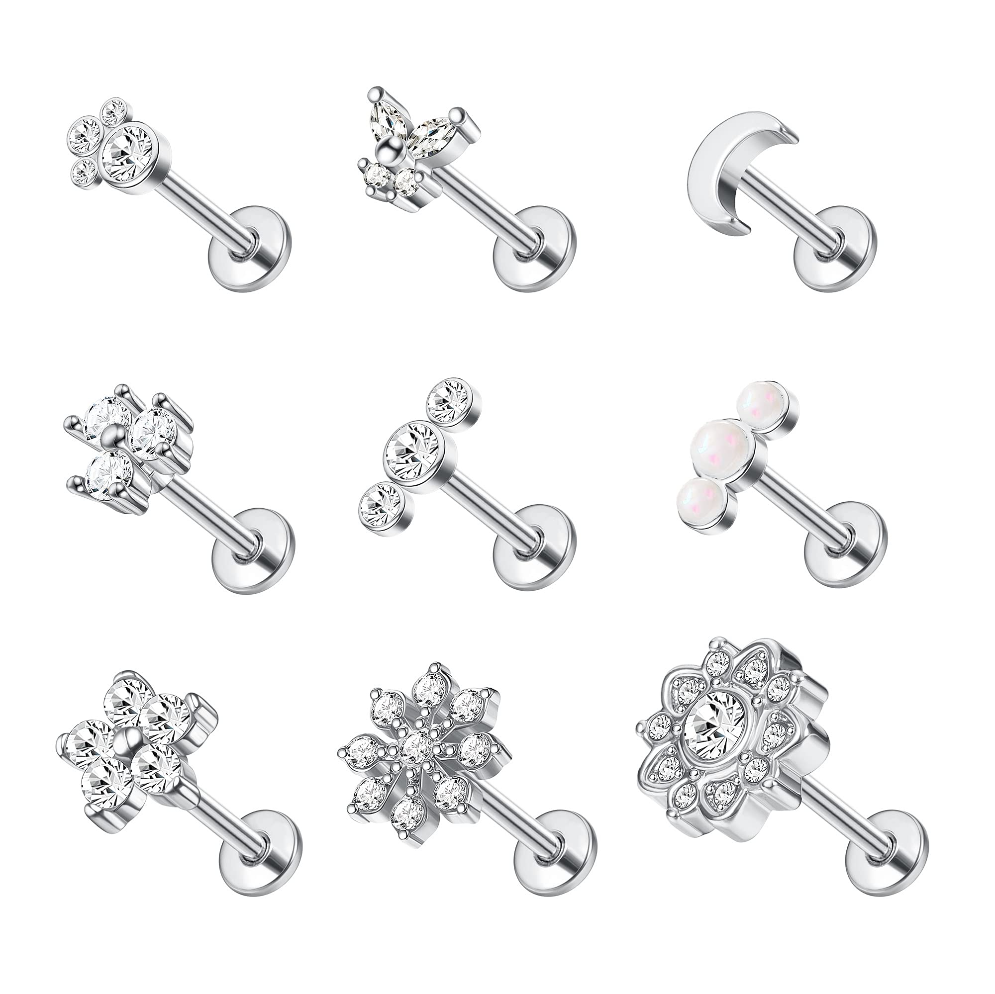 Florideco 9 Pcs 16G Lip Rings Stainless Steel Labret Studs Monroe Lip Ring CZ Opal Nose Studs Internally Threaded Helix Tragus Stud Earring for Women Medusa Piercing Jewelry Rose Gold