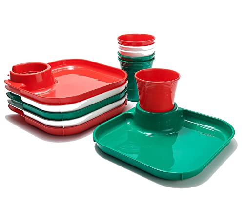 Great Plate Reusable Plastic Plates for Parties with Built-In Cup Holder - Set of 6 Party Plates and Cups for Kids or Adults for Tailgating BBQ Camping Picnics (Red, White and Green, Square)
