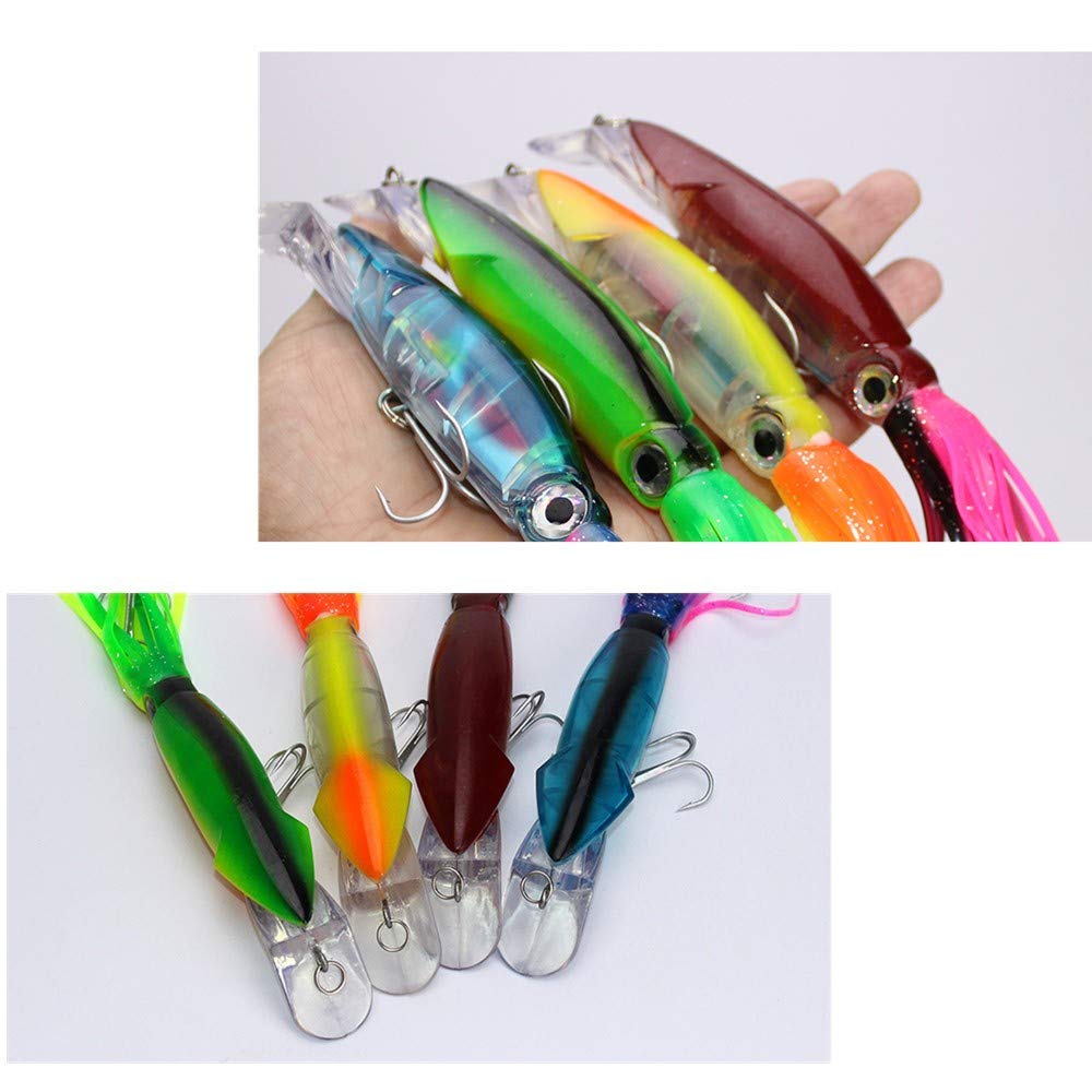 DAMIDEL 4 Pcs Large Simulation Squid Fishing Lures Bait Kit, Over 5.5 in/ 43g, 3D Holographic Eyes,Built-in Multicolored Lead BlocksThrough Heavy Duty ,Stable and Tempting