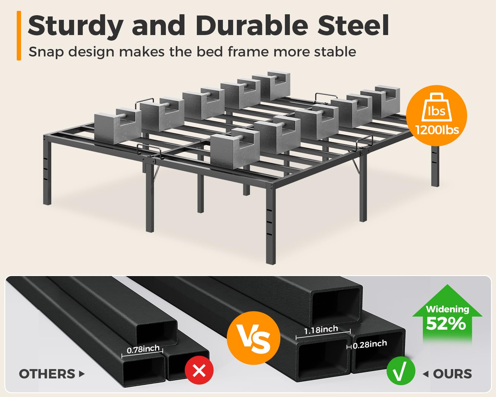 KKL King Size Bed Frame, 18 Inch Heavy Duty Steel Platform with Mattress Anti-Slip Rods, Bed Frame with Underneath Storage Space, No Box Spring Needed, Easy Assembly, Black