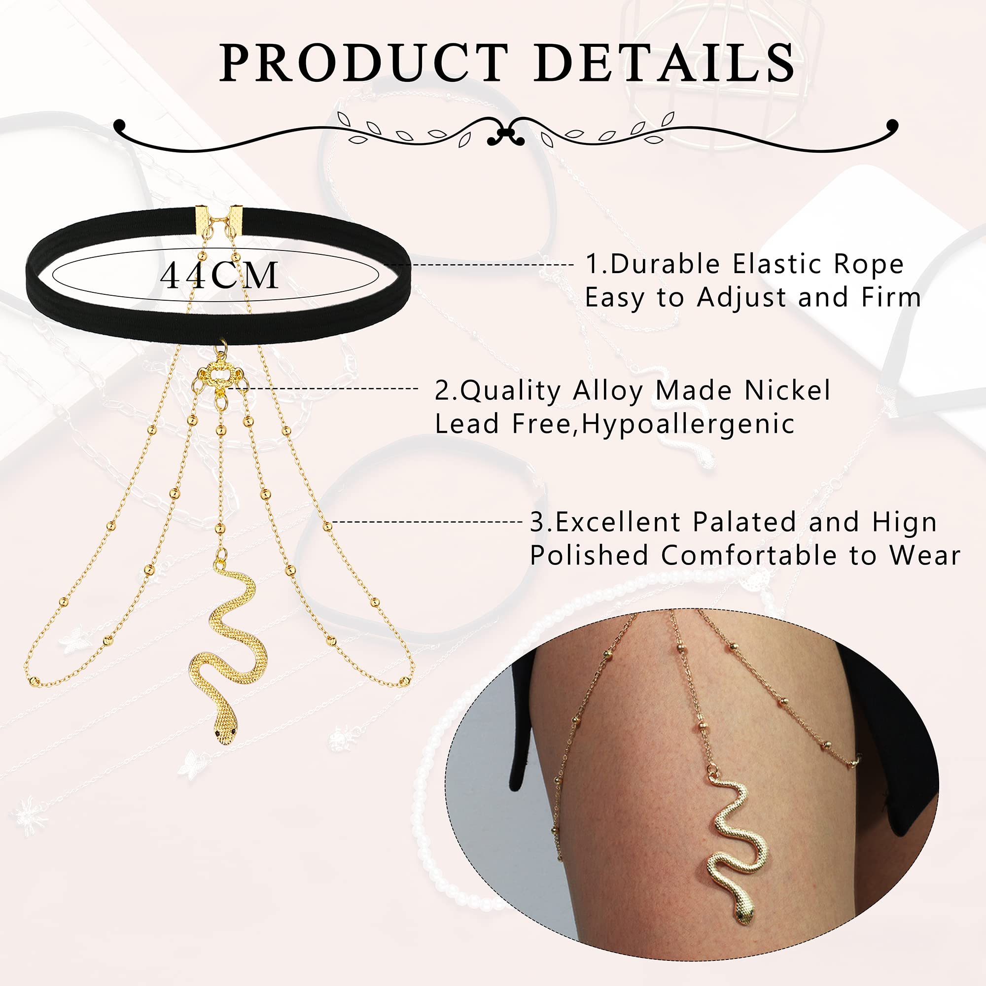 Florideco 9PCS Leg Chains Thigh Chain Jewelry for Women Snake Crystal Boho Layered Beach Body Chains Thigh Jewelry for Summer Gold