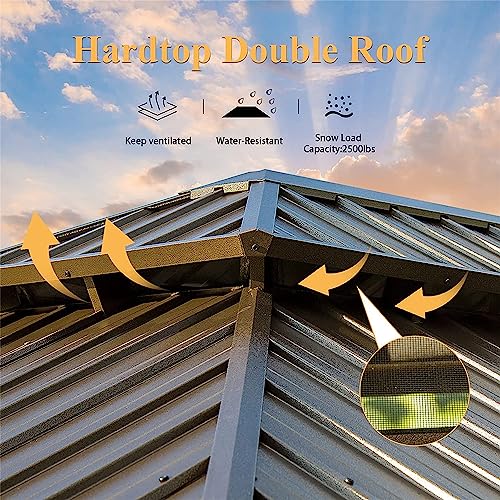Jaxenor Outdoor Aluminum Frame Canopy - 12'x20' Hardtop Gazebo with Galvanized Steel Double Roof - Brown Pavilion for Patio, Backyard, and Lawn - Includes Curtains and Netting