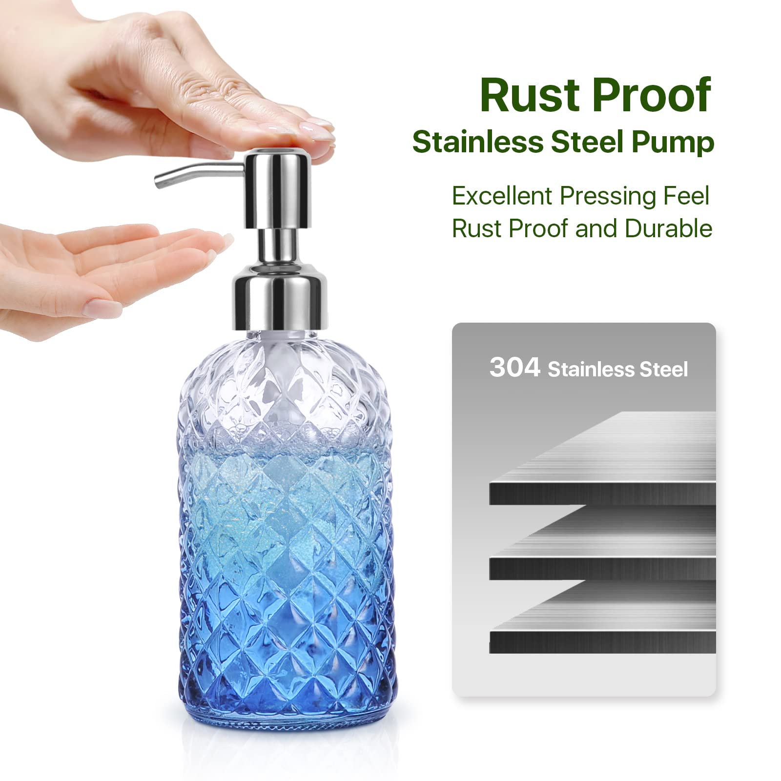 Glass Soap Dispenser, 14 Oz Hand Soap Dispenser Set with Rust Proof Stainless Steel Pump, Refillable Liquid Dish Soap Dispensers for Kitchen Sink Bathroom Commercial, Clear Blue Orange 2 Pack