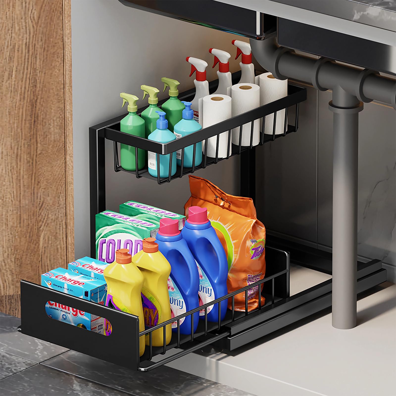 Ktinnead 2 Pack Under Sink Organizer, 2 Tier Metal Pull Out Under Sink Organizers and Storage with Sliding Drawer, Sliding Cabinet Organizer Under Sink Organizer for Kitchen Bathroom Cabinet,Black