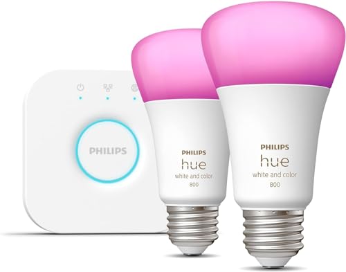 Philips Hue Smart Light Starter Kit - Includes (1) Bridge and (2) 60W A19 LED Bulb, White and Color Ambiance Color-Changing Light, 800LM, E26 - Control with App or Voice Assistant