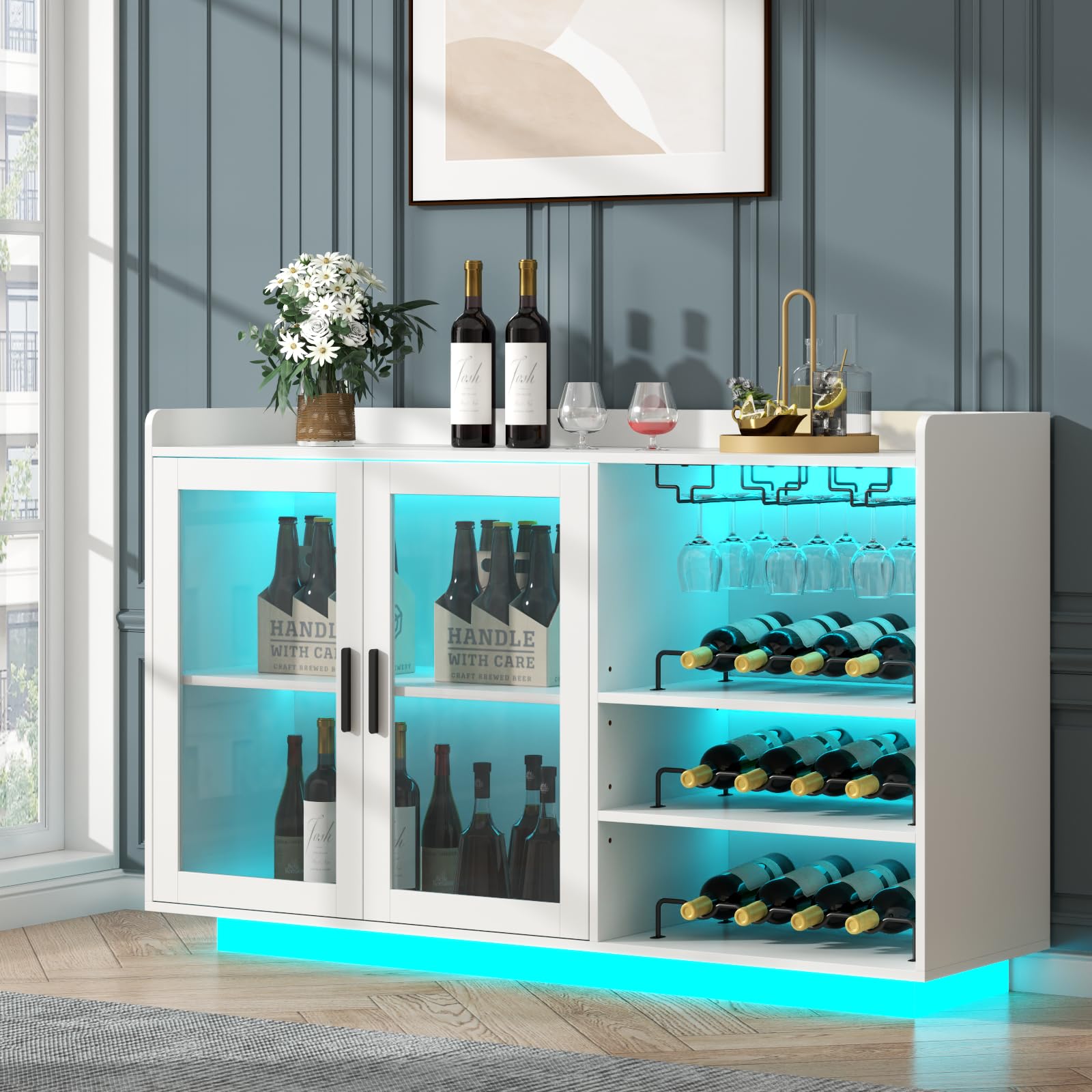 Loomie Wine Bar Cabinet with LED Lights, Floating Coffee Bar with Glass Rack and Removable Wine Racks, Modern Buffet Sideboard with Storage Shelves, Kithchen Bar with Glass Cabinet Doors, Black