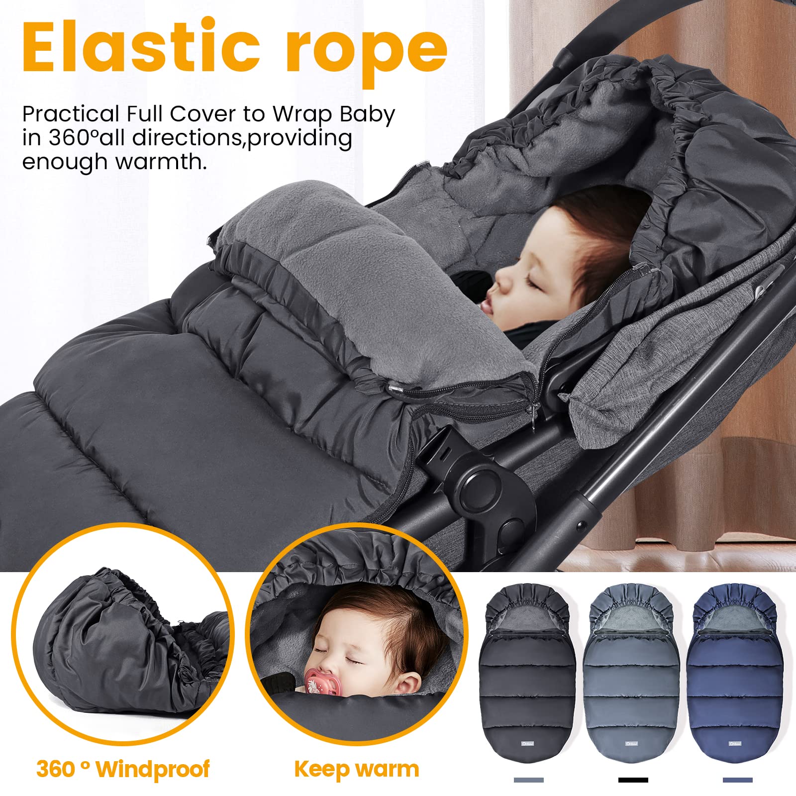 Orzbow Universal Footmuff for Stroller, Winter Warm Baby Stroller Bunting Bag, Waterproof Windproof Warm Coral Fleece Lined for Toddler Stroller Sleeping Bag (Black)