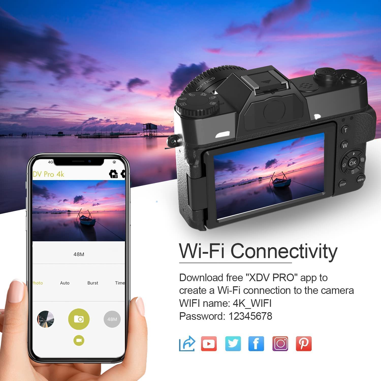 eDealz 4K 48MP Digital Camera Kit for Photography, Vlogging Camera YouTube with Flip Screen, WiFi, Wide Angle & Macro Lens, 64GB Micro SD Card, 50" Tripod, Case, Card Reader, Microphone, LED (Black)