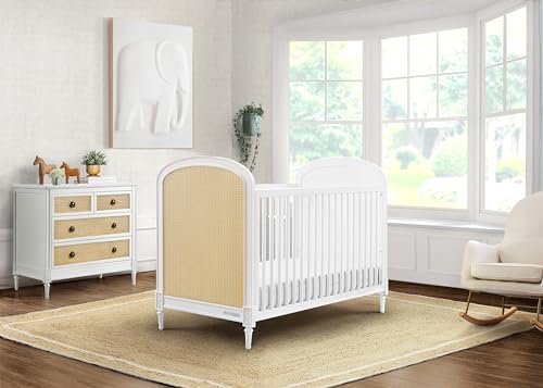 Delta Children Madeline 4-in-1 Convertible Crib - Woven Cane Mesh Panels, Includes Conversion Rails, Greenguard Gold Certified, Bianca White/Textured Almond