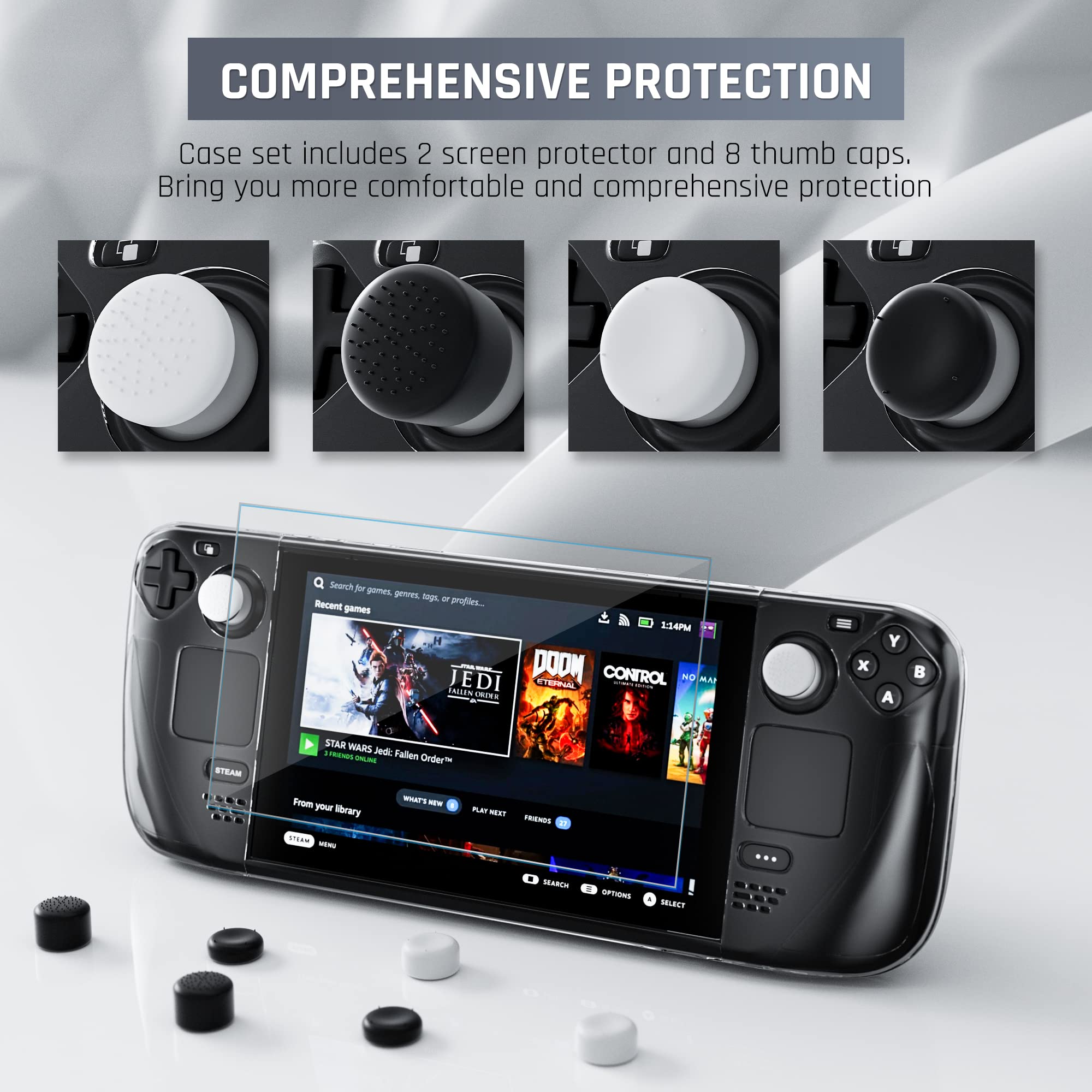 GLDRAM Protective Case for Valve Steam Deck, Clear PC Cover Kit Compatible with Steam Deck with 2 Glass Screen Protector, 8 Thumb Grip Caps, Hard Shell Accessories Drop Protection, Anti- Scratch