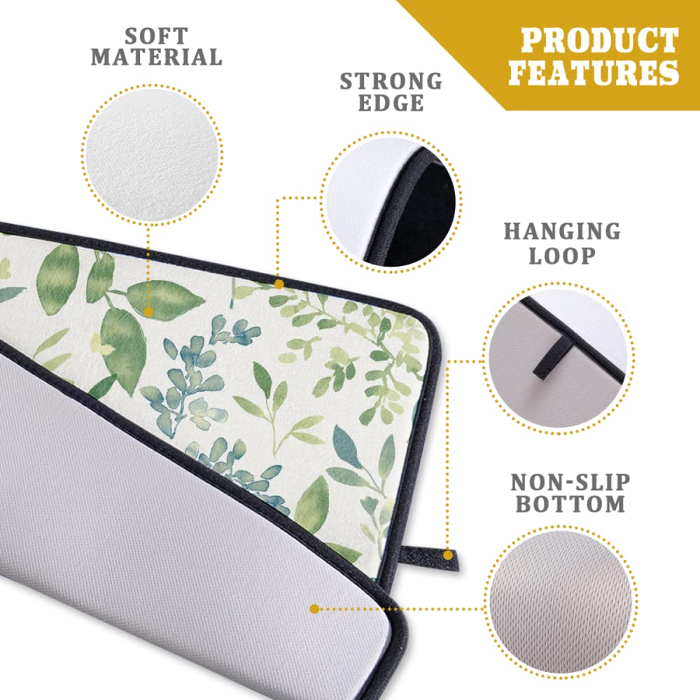 Green Leaves Branches Dish Drying Mat for Kitchen Counter 18x24 Inch Washable Microfiber Drying Mat Spring Floral Absorbent Drying Pad with Hanging Loop for Home Coffee Bar Decoration