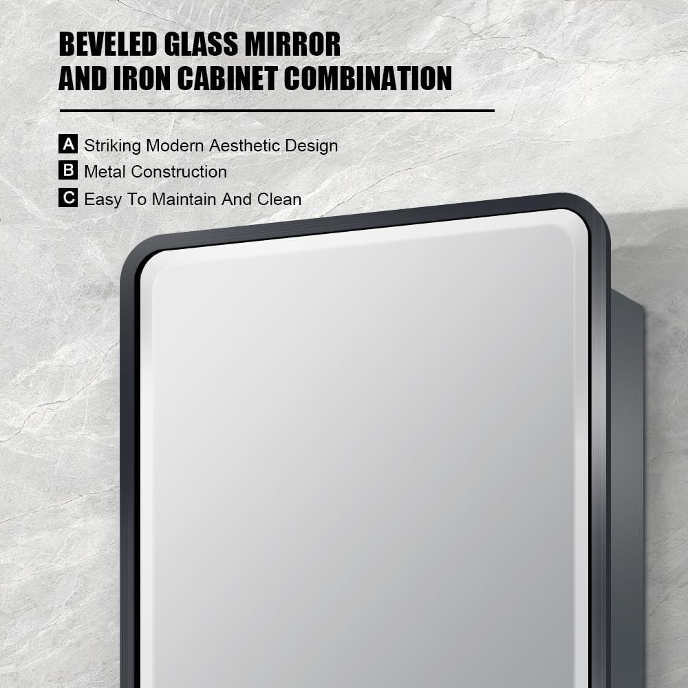 Janboe 20×24inch Medicine Cabinet,Mirror Cabinet with Beveled Mirror,Solf Close Hinge,Brushed Metal Framed,Detachable Side Plate for Recess Mount or Surface Mount,Black