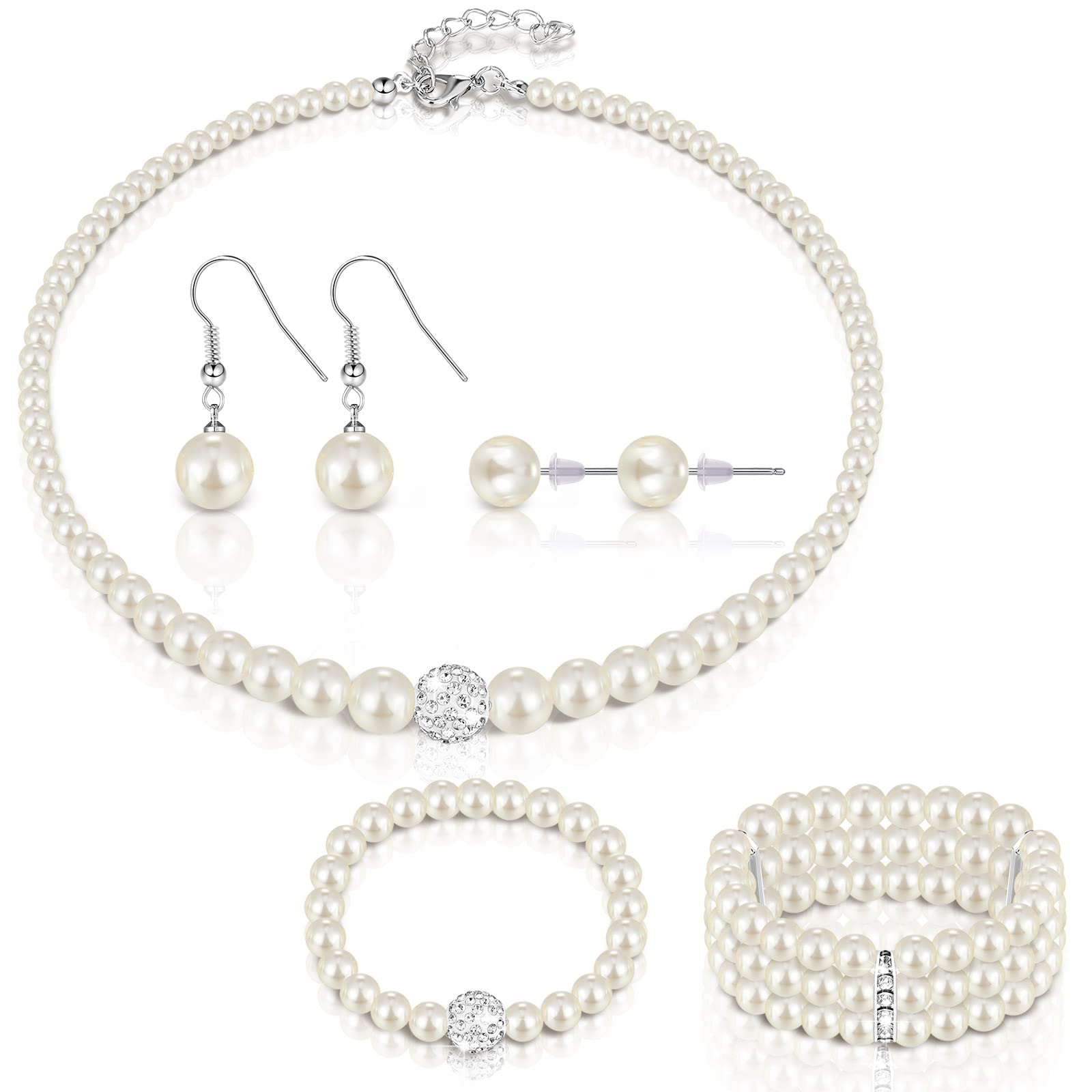 Glenmal Pearl Rhinestone Jewelry Set for Women Wedding Necklace Bracelet Earrings for Halloween Birthday Tea Party(Elegant Style)