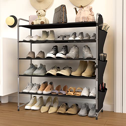 STORAGE MANIAC 5 Tier Shoe Rack with 6 Side Pockets, 23-Pairs Metal Shoes Organizer Free Standing Compact Shoe Storage Organizer Shoe Shelf for Closet Bedroom Entryway Hallway, Black