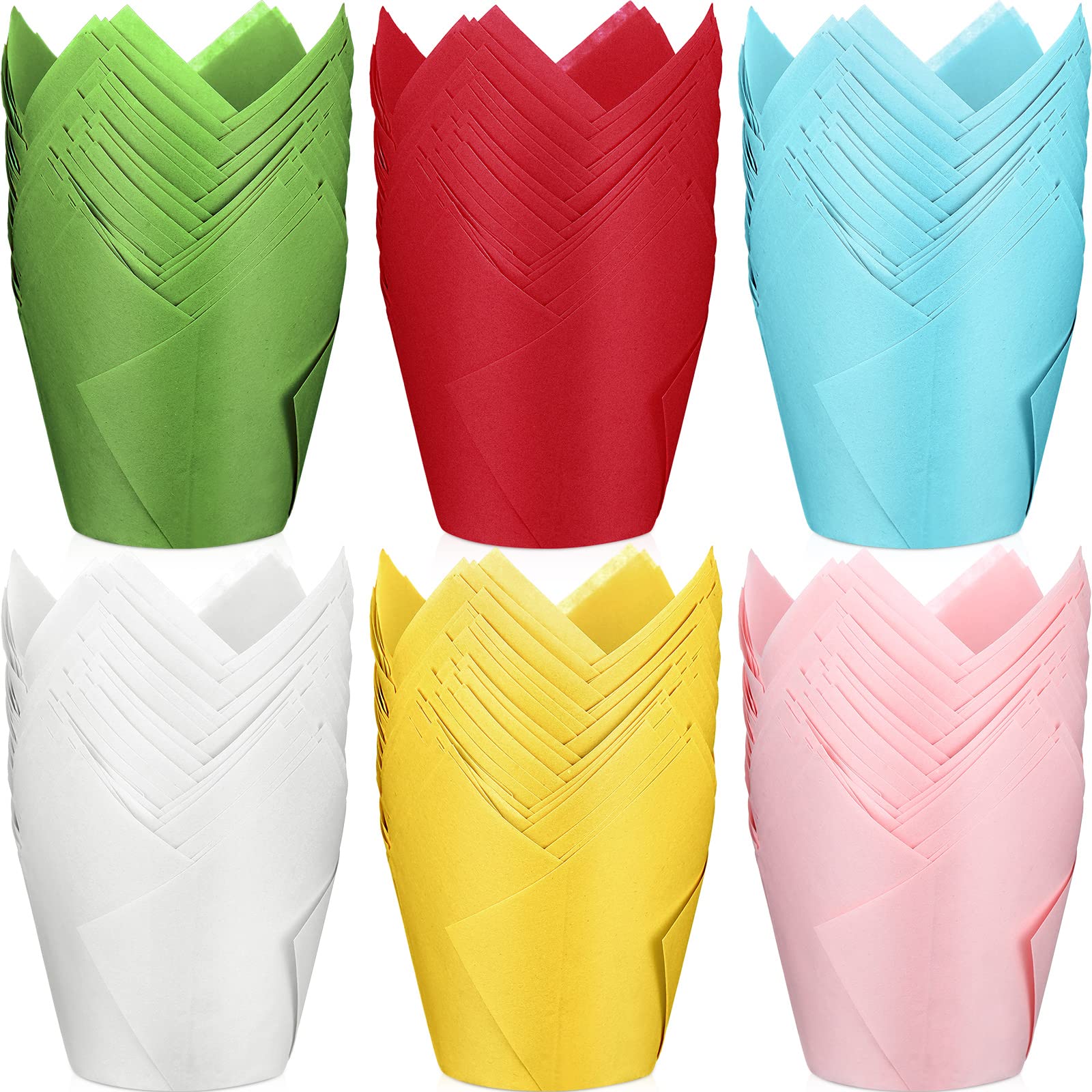 Gandeer 600 Pcs Baking Cups Tulip Cupcake Liners Wrappers Printed Muffin Holders Greaseproof for Holiday Wedding Birthday Party Baby Shower Christmas (Plain Style) Assorted,Blue,Green,Pink,Red,White