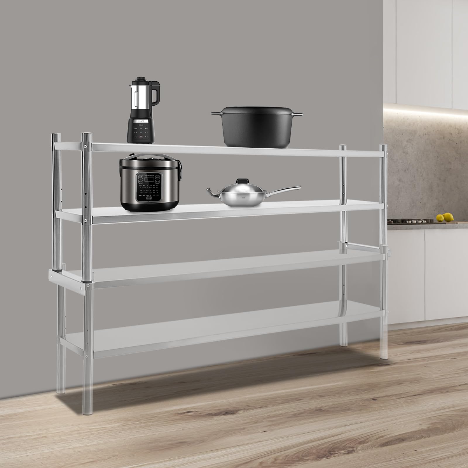MIMODA Double Overshelf, 2-Tier Stainless Steel Overshelf 12'' x 70'' Commercial 2 Tier Shelf Height Adjustable Overshelf for Prep & Work Table in Kitchen, Restaurant Each Layer Weight Capacity 88lb