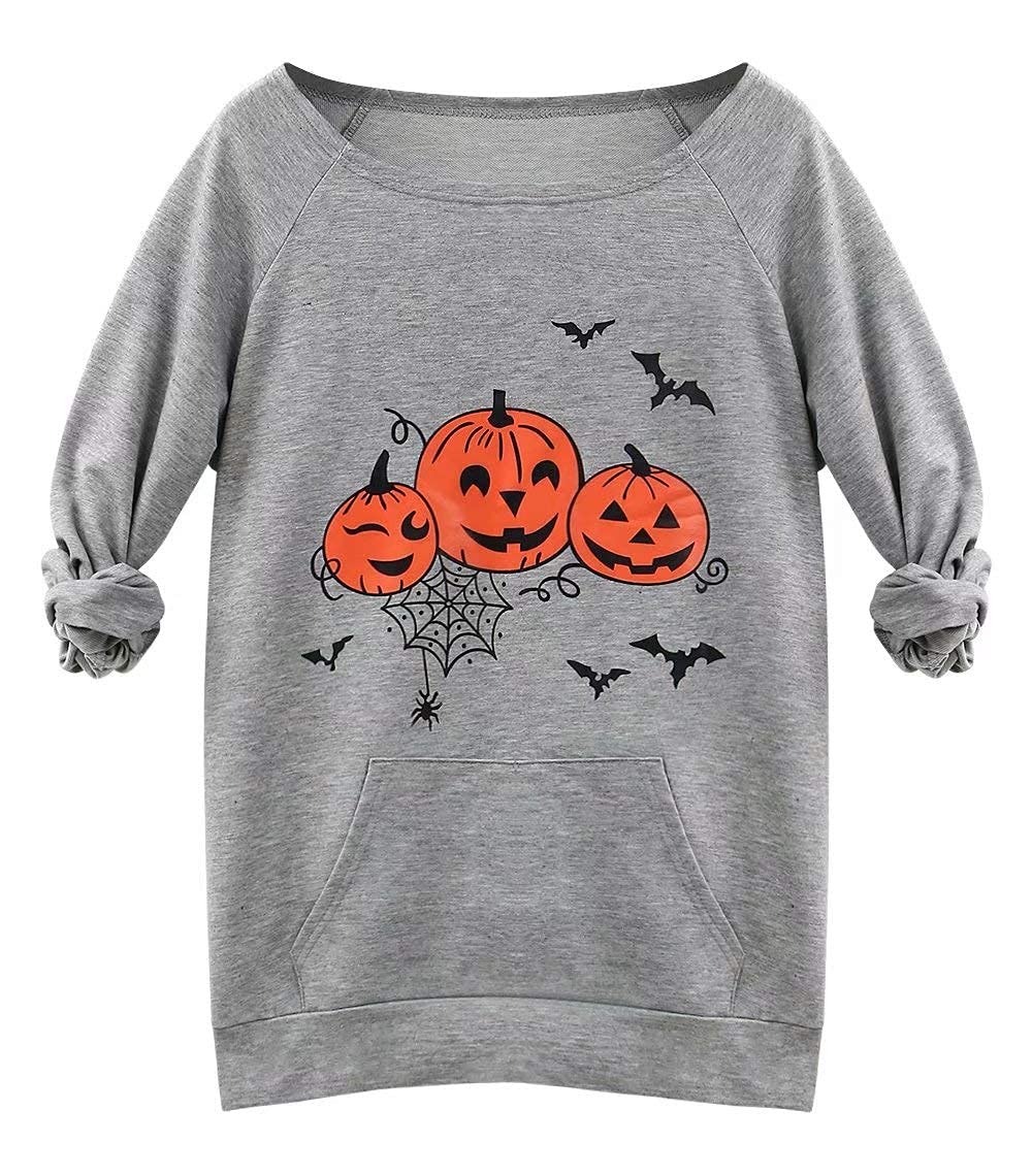 FLOYU Pumpkin Face Sweatshirt Women Halloween Off The Shoulder Tops Fall Pumpkin Pullover Halloween Long Sleeve Clothes
