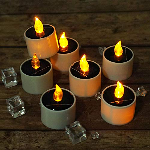 Decorman Solar Tea Lights, 8 Pack Flameless Rechargeable Amber Warm White Flickering LED Candle Lights, Waterproof Lantern Tealight for Home Wedding Garden Yard Pathway