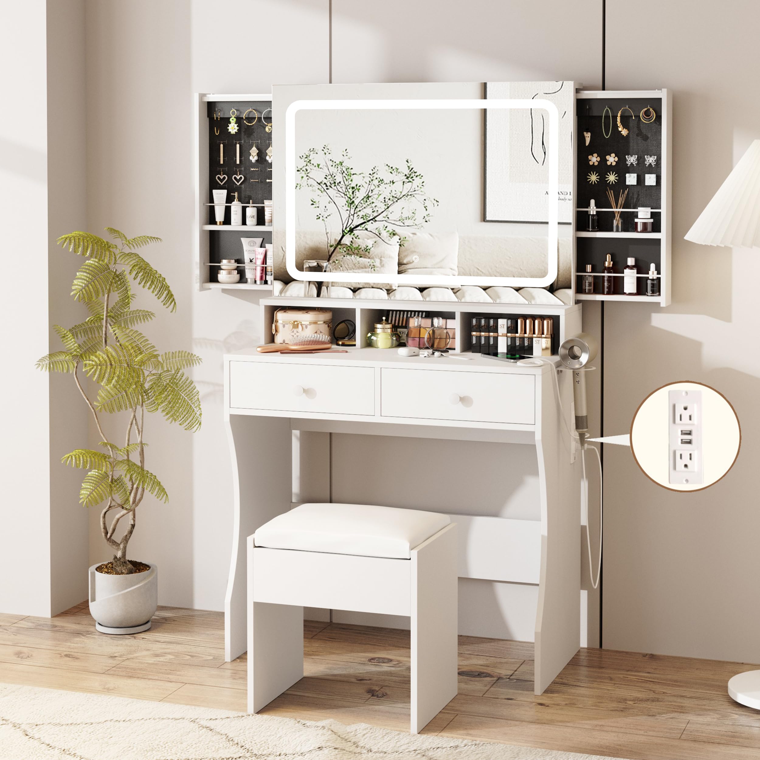 Makeup Desk with Mirror and Lights, White Dressing with Charging Station & Chair, Vanity Desk with Sliding Jewelry Storage Shelves&3 Lighting Modes, Vanity with 2 Large Drawers,Vanity for Women&Girls