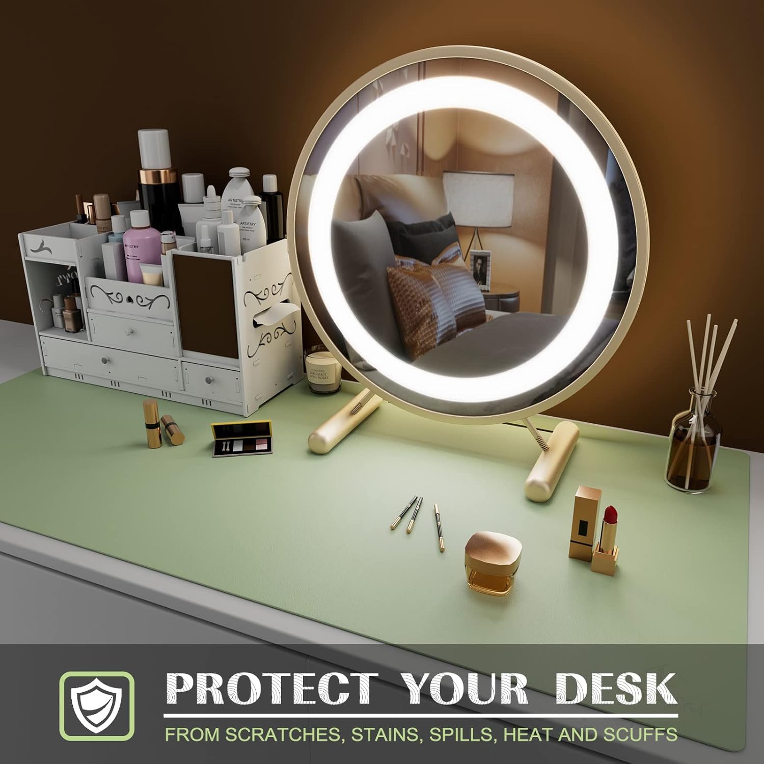 Makeup Mat Dual-Sided Waterproof and Oilproof Vanity Desk Mat, Easy-to-Clean Makeup Mat for Protecting Vanity Top – 23.6" x 11.8" (Blue and Olive Green)