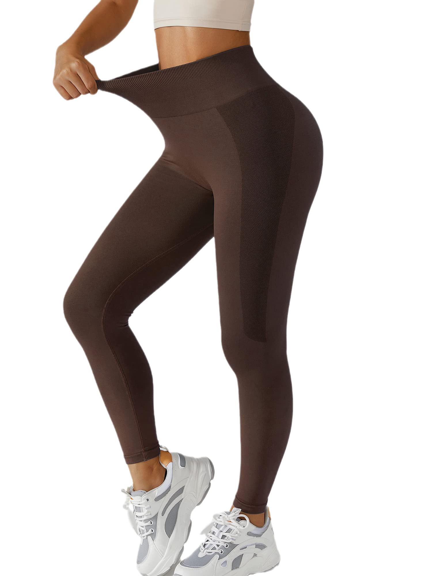 Fishfit Women's Seamless Scrunch Legging Workout Leggings for Women High Waisted Gym Running Yoga Pants (Dark Brown, Medium)