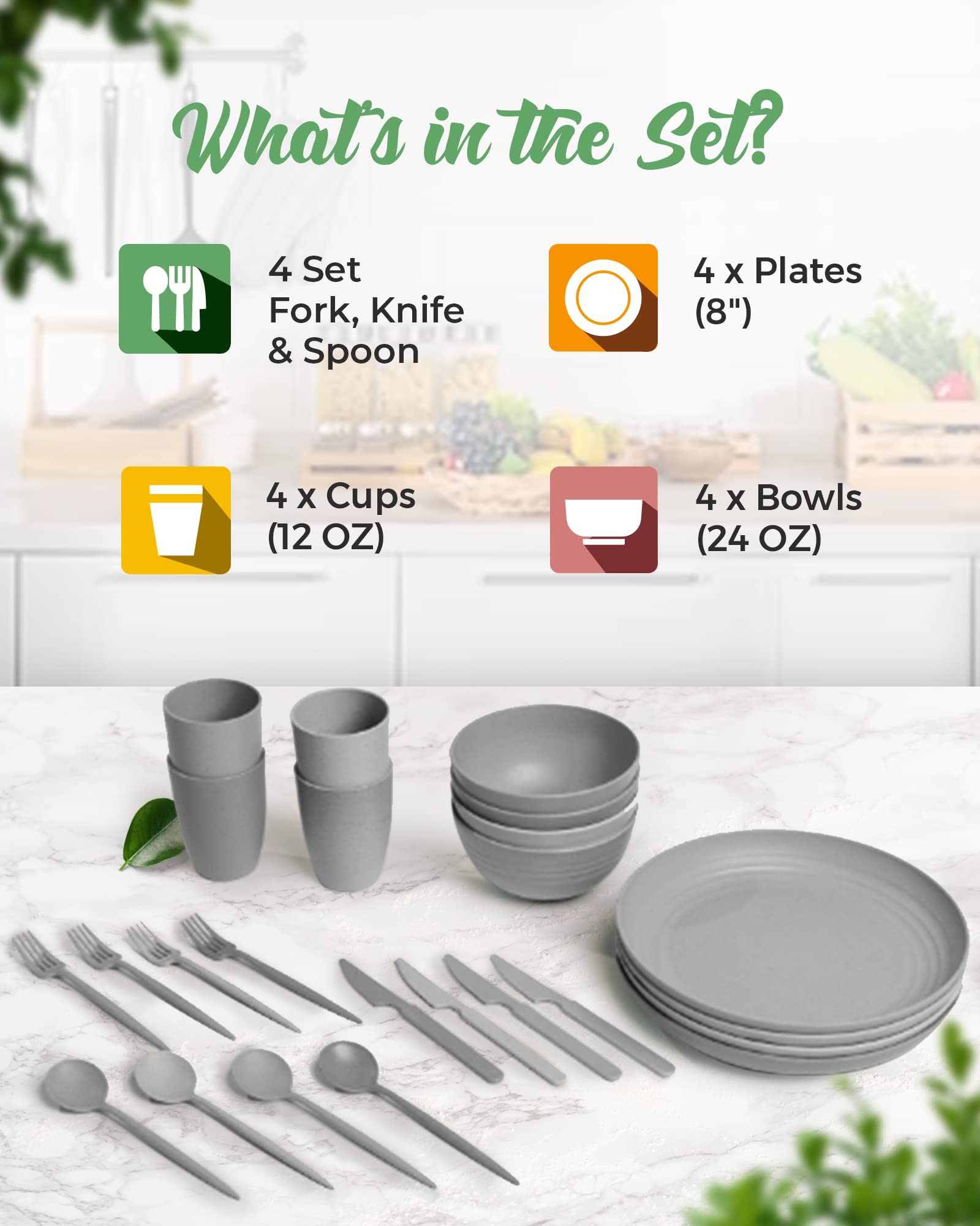GREENDISH Wheat Straw Dinnerware Set 24-Piece - Cups, Plates and Bowls Sets for 4 with Reusable Cutlery Utensils - Unbreakable Wheatstraw Plastic Dinnerware Set with Fork Spoon Knife - Dishwasher Safe