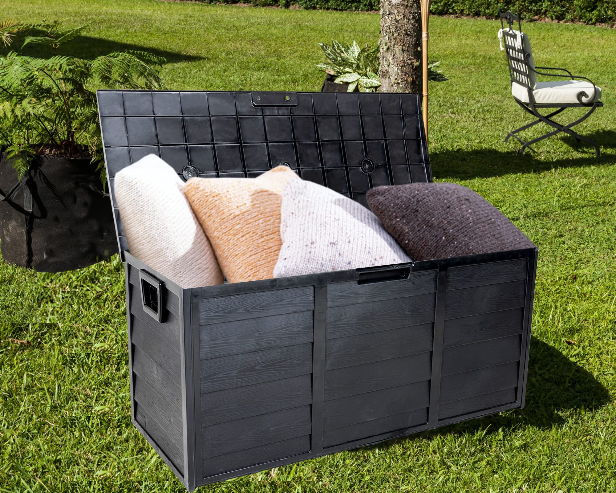 Fullwatt Deck Box, 77 Gallon Outdoor Storage Box Waterproof Deck Storage Container Box for Patio Cushions, Pool Accessories, Toys, Gardening Tools, Sports Equipment, Black