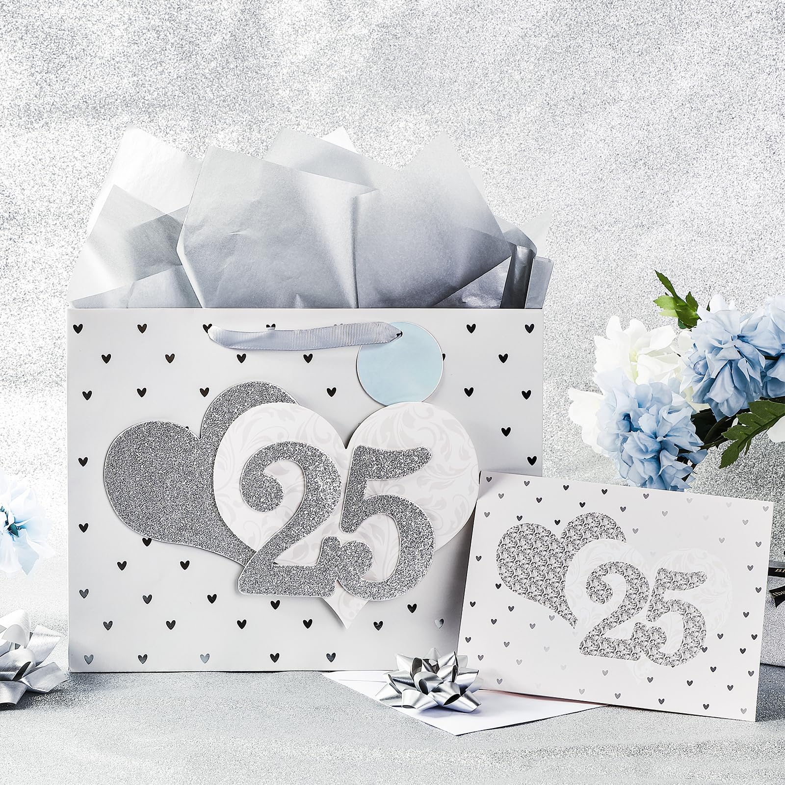 LeZakaa 13" Wedding Gift Bag, Silver Gift Bag with Tissue Paper, Gift Tag and Card - Number 25" with Heart 3D Paster for Silver Wedding Anniversary Celebrations